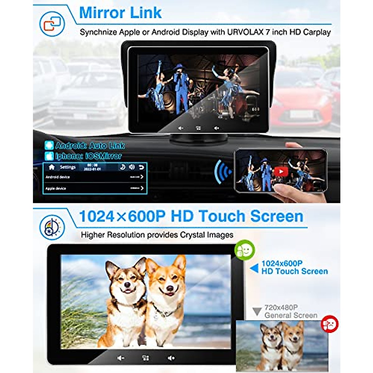 URVOLAX Wireless Portable Car Stereo Carplay Audio Receiver Compatible with Apple Android Auto System,7" HD Touch Screen Car Play with Bluetooth WiFi GPS Navigation FM Radio MirrorLink Voice Control