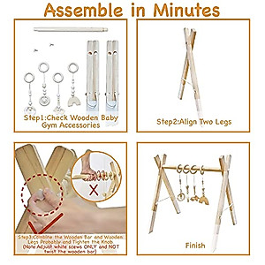 Wooden Baby Play Gym, PgUp Foldable Baby Gym with 4 Wooden Baby Hanging Toys for Play & Learn, Baby Activity Gym Frame Hanging Bar Toddler Gym Newborn Gift for Baby Girl and Boy