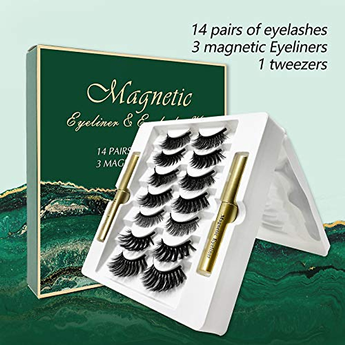 Rechoo Magnetic False Eyelashes Kit- 14 Pairs Different Magnetic Lashes Natural Look with 3 Eyeliners, Reusable 3D Black False Eyelashes with Applicator and Tweezers for Daily Eyelash Extension