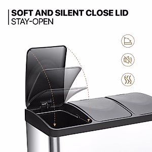 MoNiBloom 3-Compartment Step Trash Can with Soft-Close Lid for Kitchen Bathroom Bedroom Living Room Home Office Dorm Rectangular Fingerprint-Proof Foot Pedal Garbage Bin Stainless Steel 45-Liter