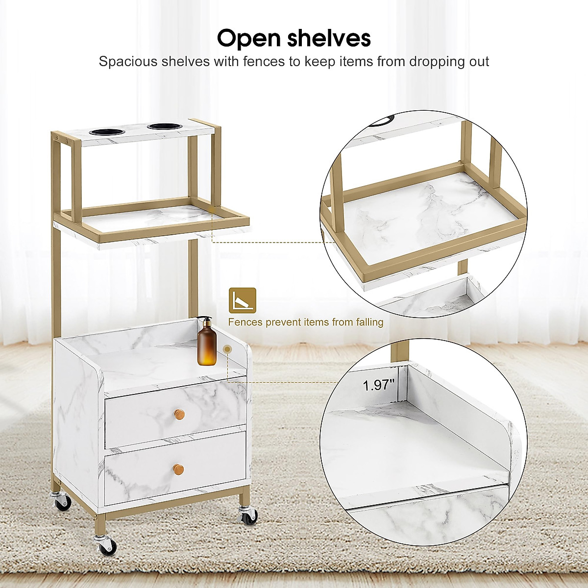 BarberPub Salon Trolley with Wheels Rolling Barber Cart with Drawers Marbled Board for Beauty Salon Metal Frame with 2 Hair Dryer Holders 2044 (White)