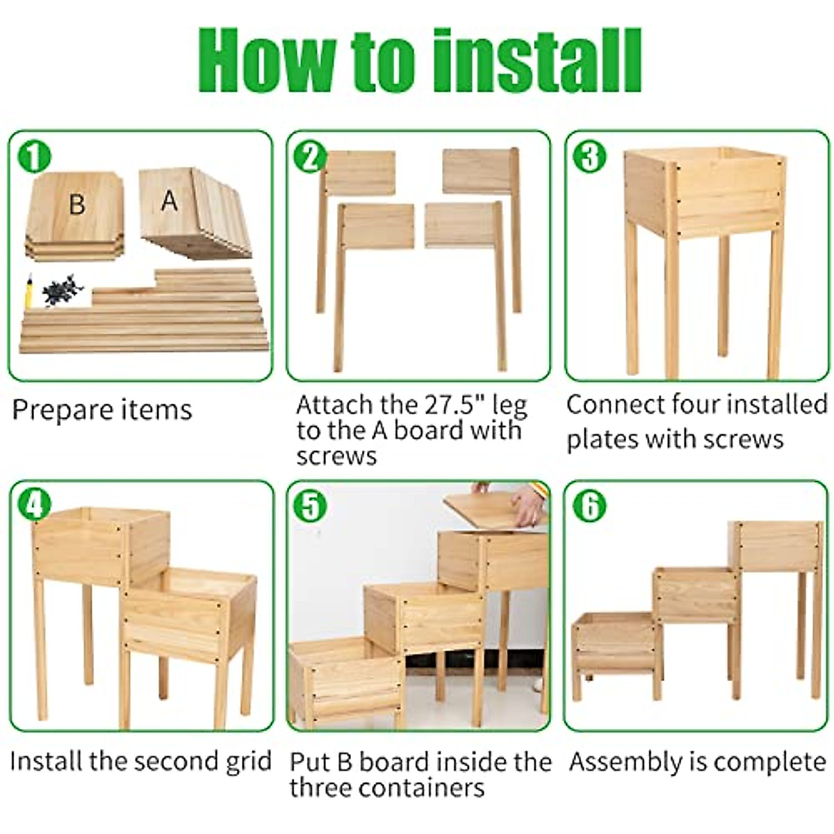 3 Tier Wooden Raised Garden Bed with Legs - Raised Planter Boxes Elevated Planter, Adjustable Mounting Structure for Indoors Outdoors Vegetable Flower Herb Growing Large Space Wood Planting Box