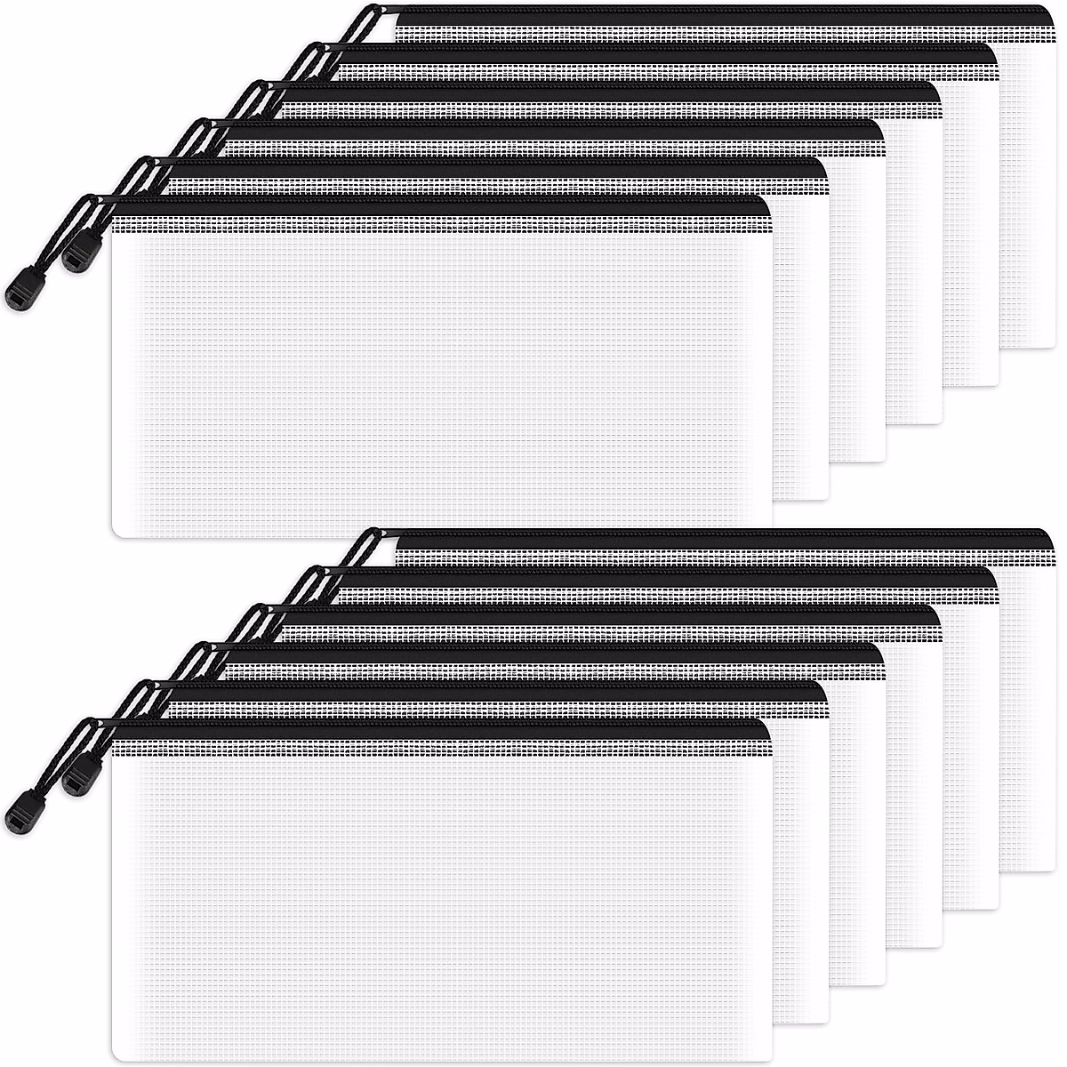 Smarpau Plastic Mesh Zipper Pouch Document Bag, 12 Pack Waterproof Zip File Folders for Office Supplies and Travel Storage (A6-9.4x4.7in, Black)