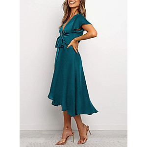 miduo Women's Dresses Summer V Neck Ruffle Short Sleeve Club Self Tie High Waist Hi Low Midi A-Line Skater Satin Dresses Wedding S