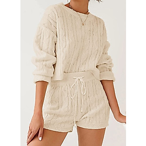 ZESICA Women's Casual 2 Piece Sweater Sets Long Sleeve Cable Knit Pullover Tops and Drawstring Shorts Sweatsuit Outfits,Apricot,Small