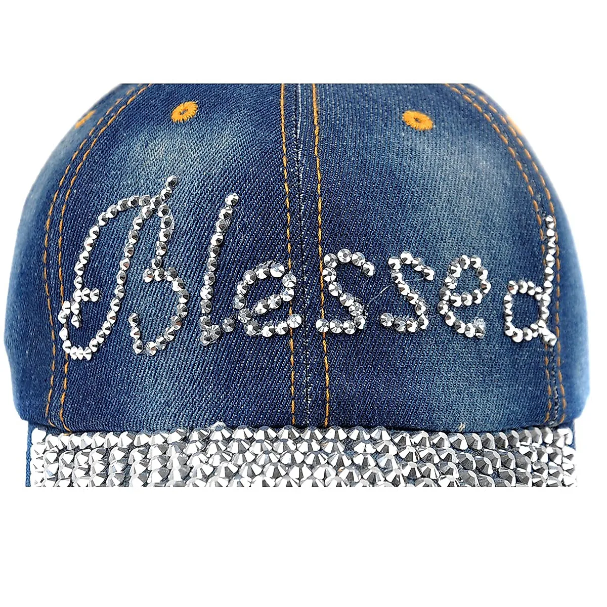 Elonmo Letter Blessed Design Womens Baseball Cap Bling Hat Rhinestone Jean Adjustable Luky Hat Gift for Her Blue