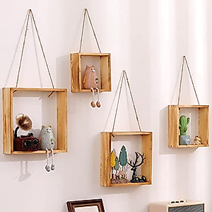Square Floating Shelves,Rustic Wall Mounted Wood Cube Display Shelf Shadow Boxes,Large Wooden Wall Organizer Hanging Shelf,Home Office Boho Wall Decorations for Living Room Bedroom,Brown,Set of 4