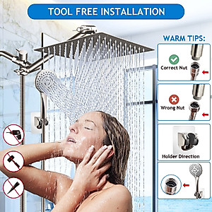 Shower Head Combo(Brushed Nickel),10'' High Pressure Rain Shower Head with 11'' Adjustable Extension Arm and 5 Settings Handheld,Powerful Shower Spray Against Low Pressure Water
