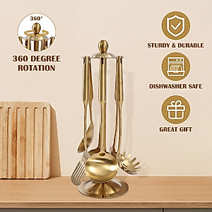 Gold Cooking Utensils Set with Holder, 7 PCS 304 Stainless Steel Cooking Kitchen Utensil Set with Rotating Holder, Spatula, Slotted Turner, Ladle, Skimmer, Pasta Server, Large Rice Spoon
