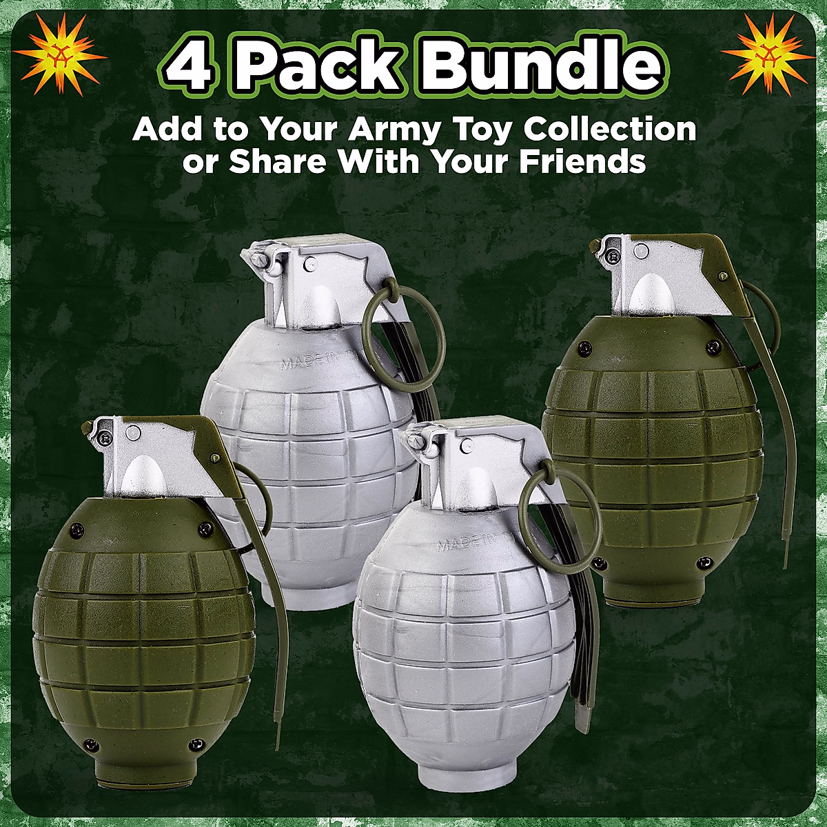 Liberty Imports 4 Pack Kids Toy Military Army Pretend Play Plastic Hand Grenades with Realistic Sound Effects