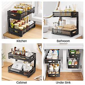PXRACK Under Sink Organizer 2 Pack Under Sink Organizers and Storage, 2 Tier Pull Out Cabinet Organizer Slide Out Shelf, Kitchen Drawer Organizer Under Bathroom Sink Organizer