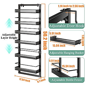 Over the Door Pantry Organizer, 6-Tier Adjustable Spice Rack, Metal Door Shelf with Detachable Guardrail, Space Saving Hanging Baskets for Kitchen Pantry Bathroom Organization Storage, Black