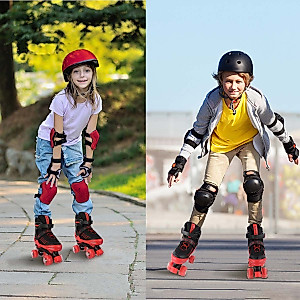 LEJIJIT Roller Skates for Kids Boys Girls Toddler Ages 3-12, Adjustable 4 Sizes for Kids and Youth Teen with Light Up Wheels, Quad Red Roller Skates for Sports (Youth 4Y-7Y)