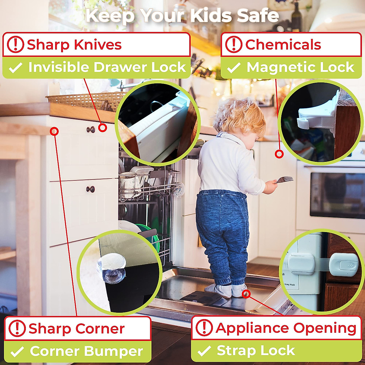 Child Proofing Kit: Baby Proof Set 75 Pieces Magnetic Cabinet Locks Outlet Covers Flexible Adhesive Corner Edge Guards Adjustable Size Safety Furniture Latches Kitchen Cupboards Drawers Cabinets Doors