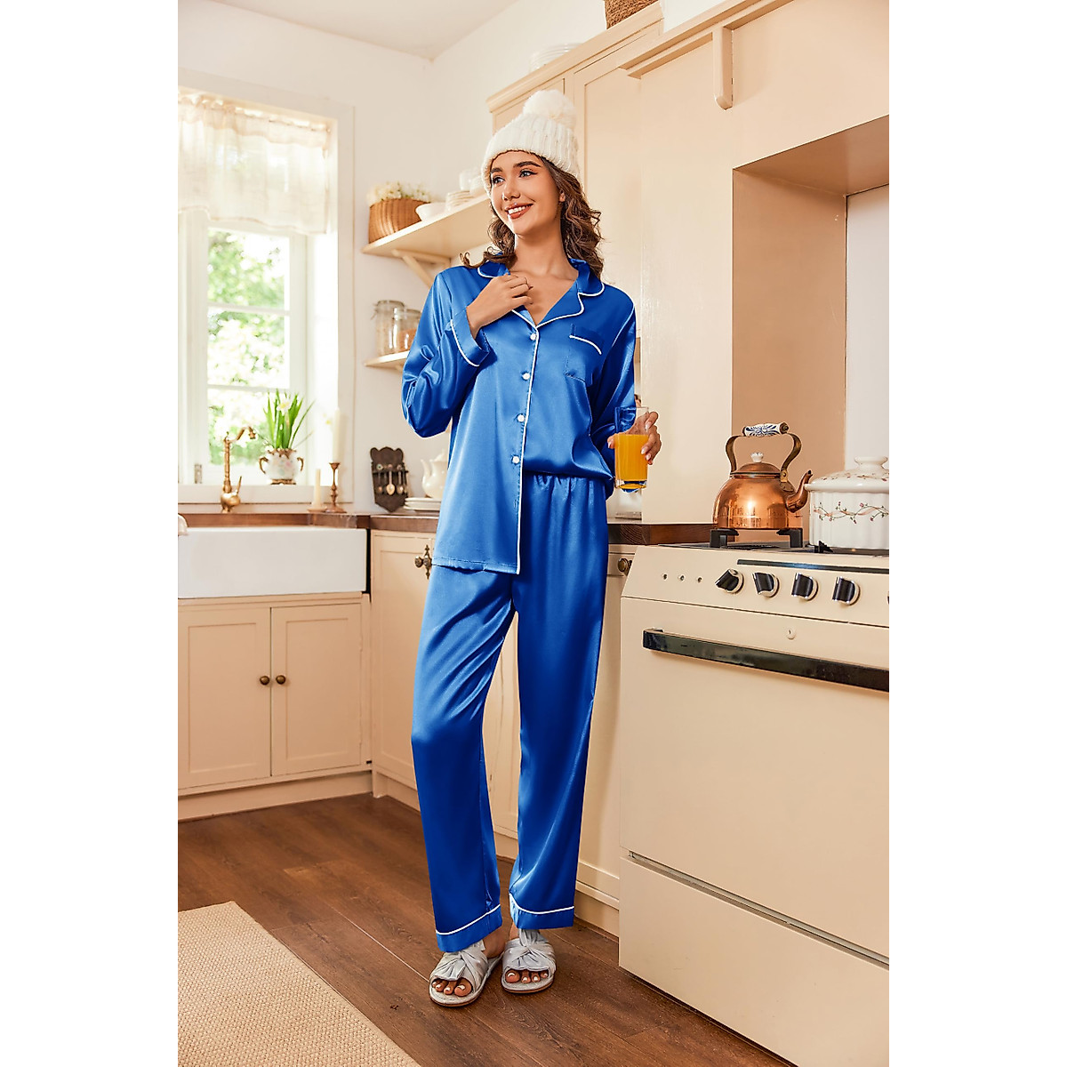 Ekouaer Women's Classic Button Down Long Satin Silk Pajama Set,Large,Blue