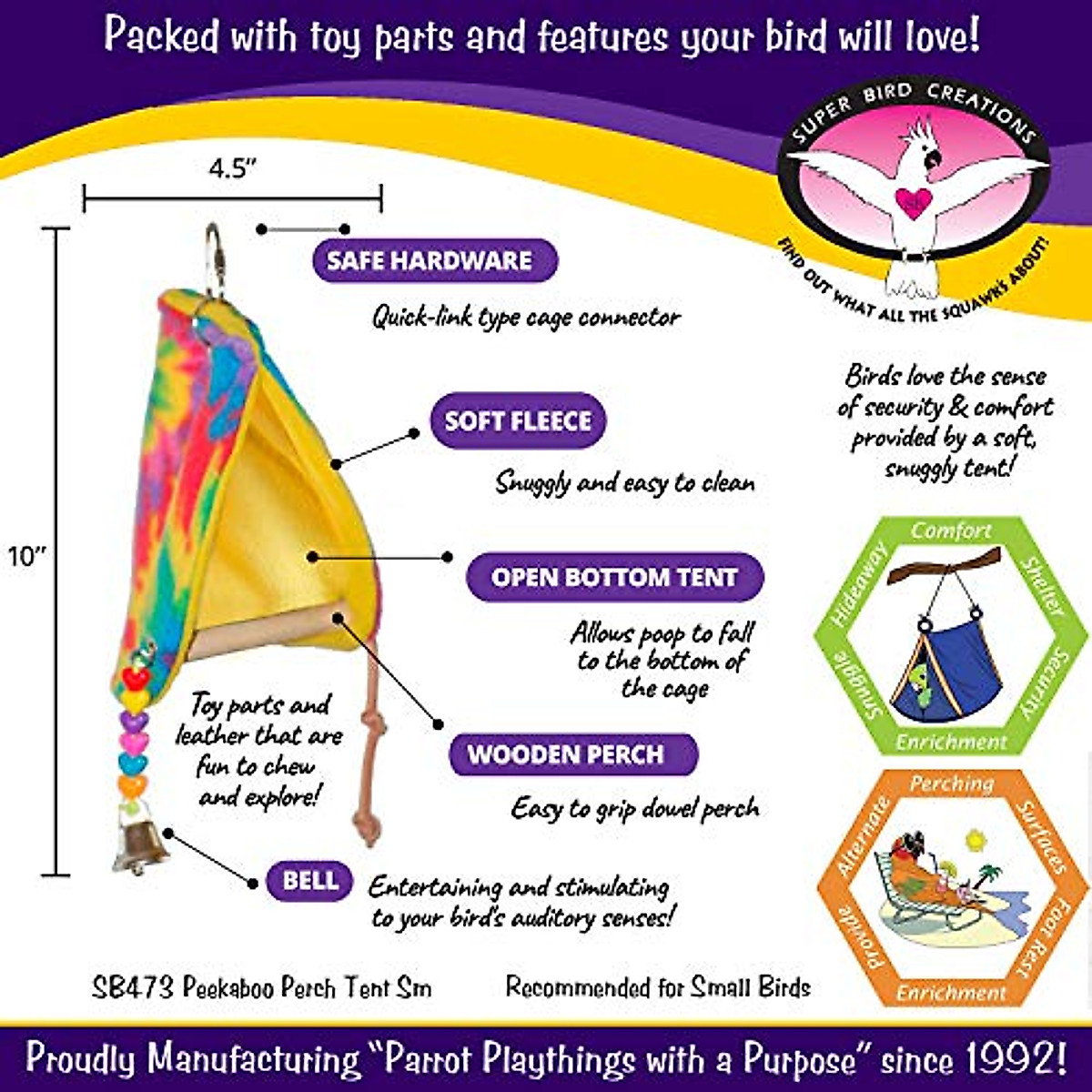 Super Bird Creations SB473 Peekaboo Perch Tent, Small Bird Size, 10” x 4” x 4.5”