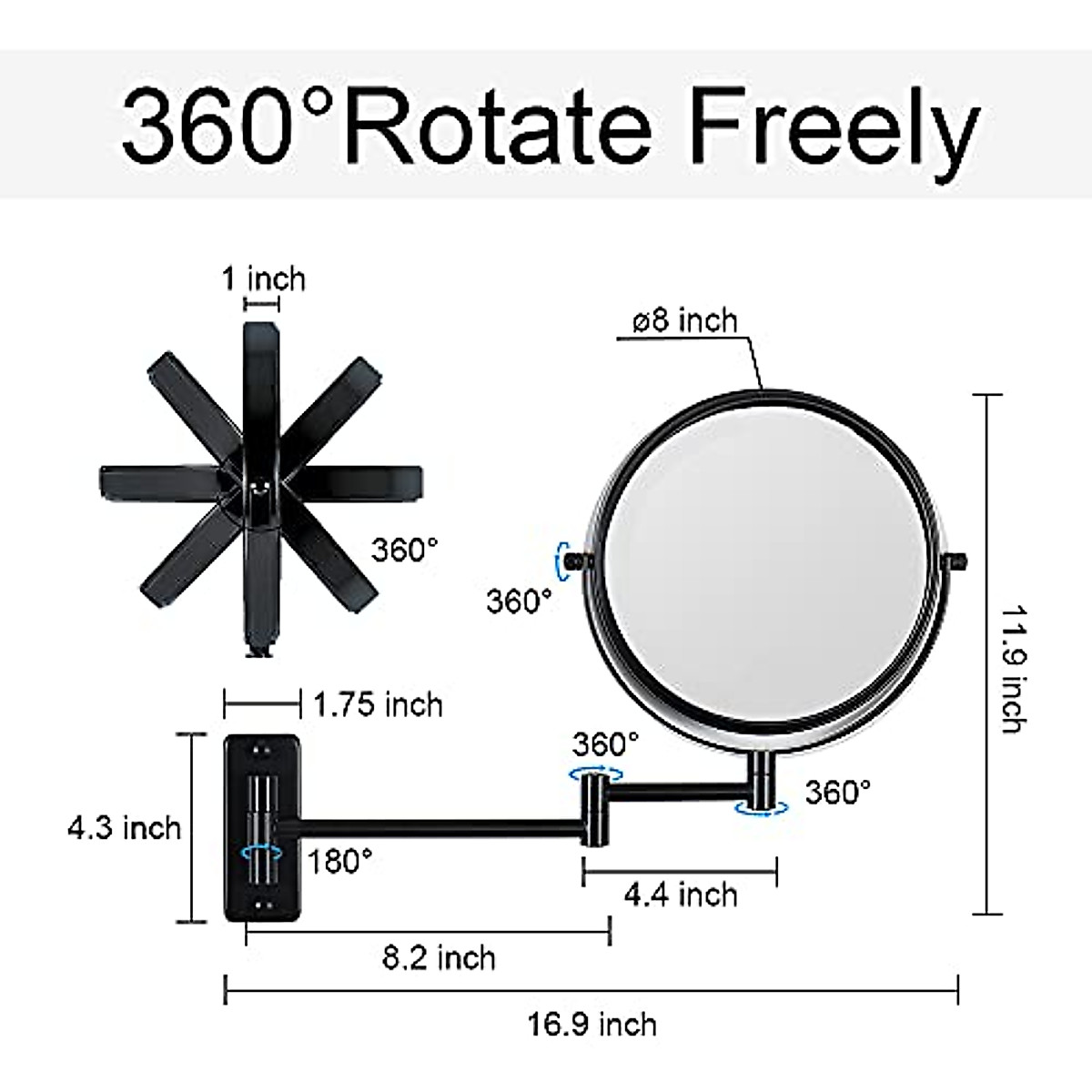 mumianshu Wall Mounted Makeup Mirror, 1x/ 10x Magnifying Makeup Mirror, 8" Double Sided Make up Mirror with 360 Degree Swivel Extendable Arm, Home Bathroom Shaving Vanity Mirror (Black)