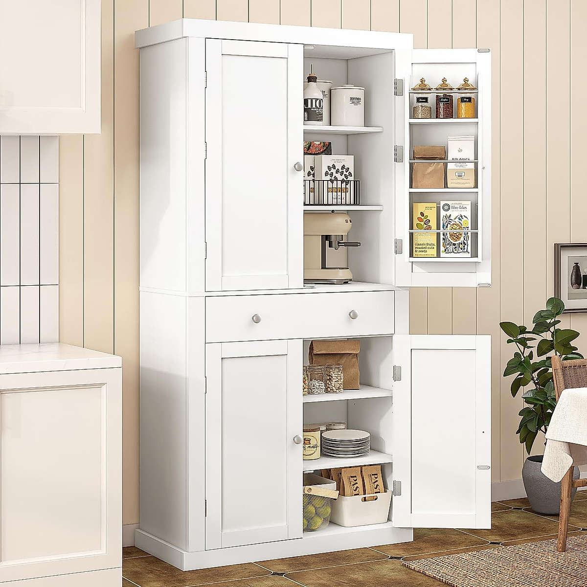 usikey 72” Kitchen Pantry Cabinet, Tall Storage Cabinet with 4 Doors and 1 Drawer, Cupboard with 6 Hanging Shelves and Adjustable Shelves for Kitchen, Dining Room, Living Room, White