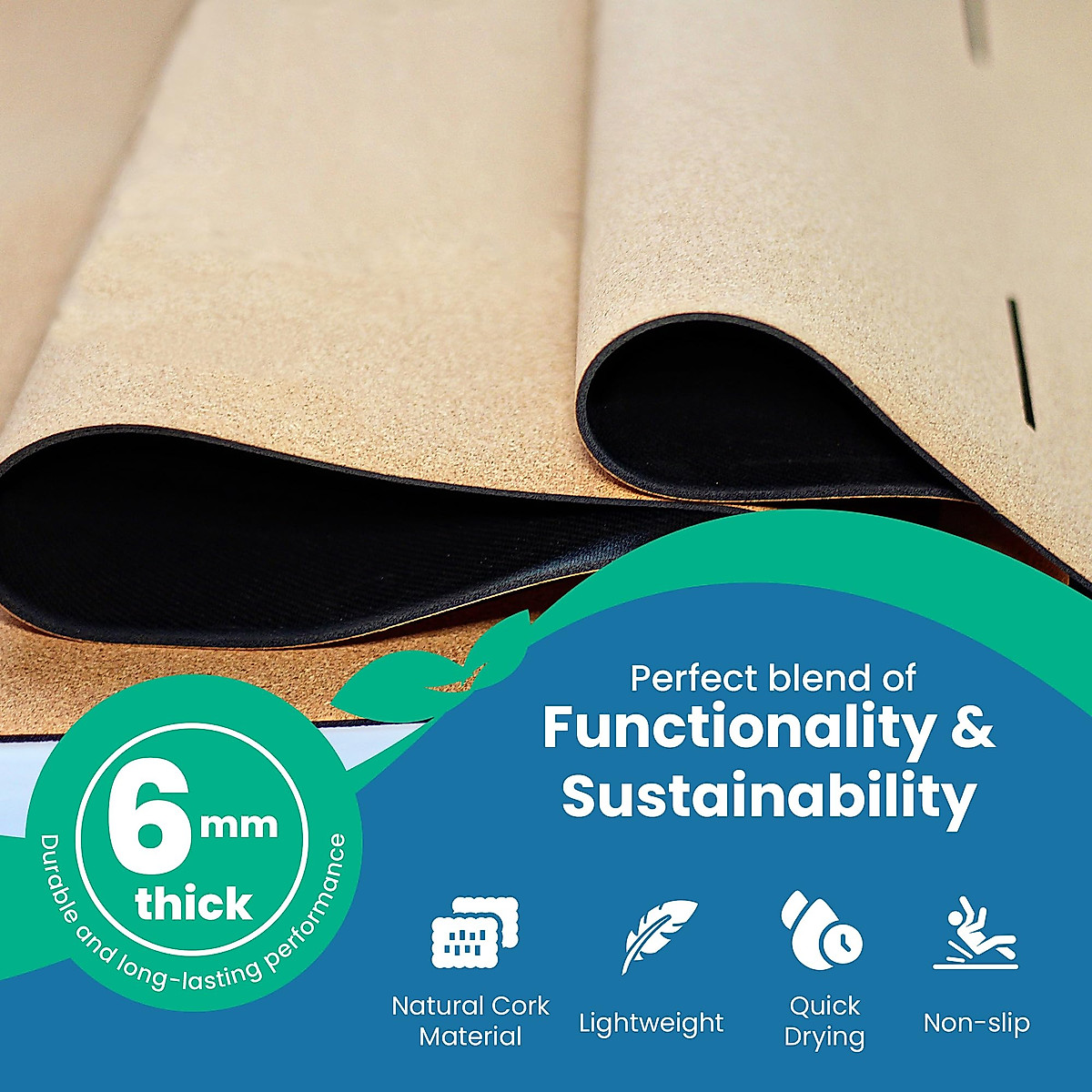 Greenway World - Cork Yoga Mat and Block with Green Strap, Non-Slip Hot Yoga Mat Set, Thick Travel Yoga Mat, Big Yoga Mat for Various Exercises, 72 x 24 inches x 3 mm