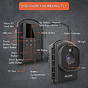 Rexing TL1 Time-Lapse Camera 2.4” LCD 1920x1080 Full HD Video 110° Wide-Angle Lens 6 Month Battery Life 2W White LED Loop Recording, Storage up to 512GB For Photography,Construction,Nature Observation