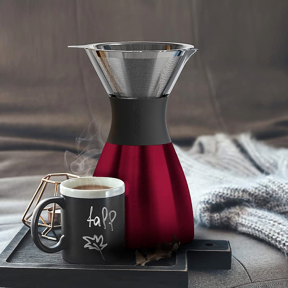 asobu Insulated Pour Over Coffee Maker (32 oz.) Double-Wall Vacuum, Stainless-Steel Filter and Take on the Go Carafe (Burgundy)