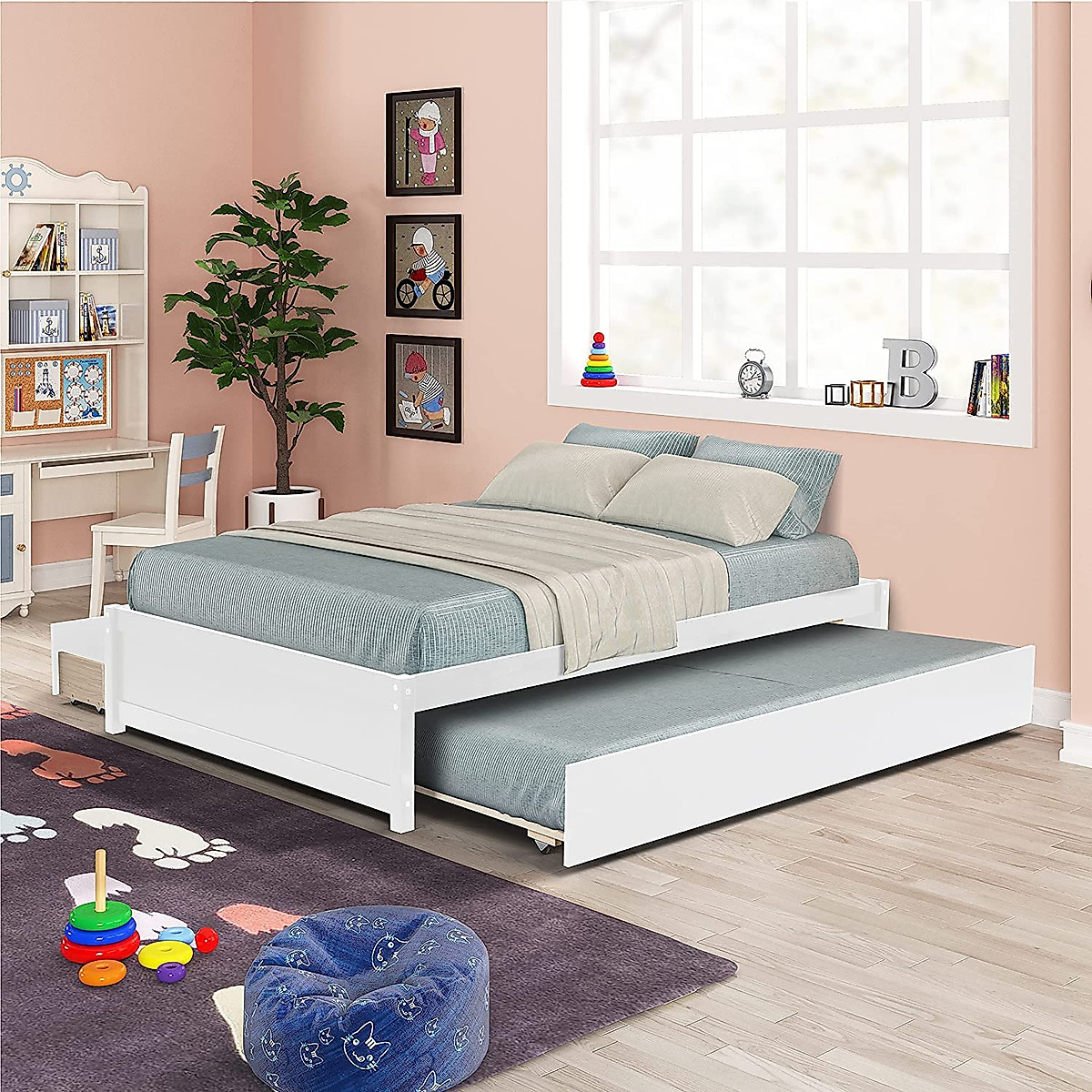 Rophefx Full Size Platform Bed with Trundle and 2 Drawers, Solid Wood Full Kids Beds with Twin Size Trundle, White