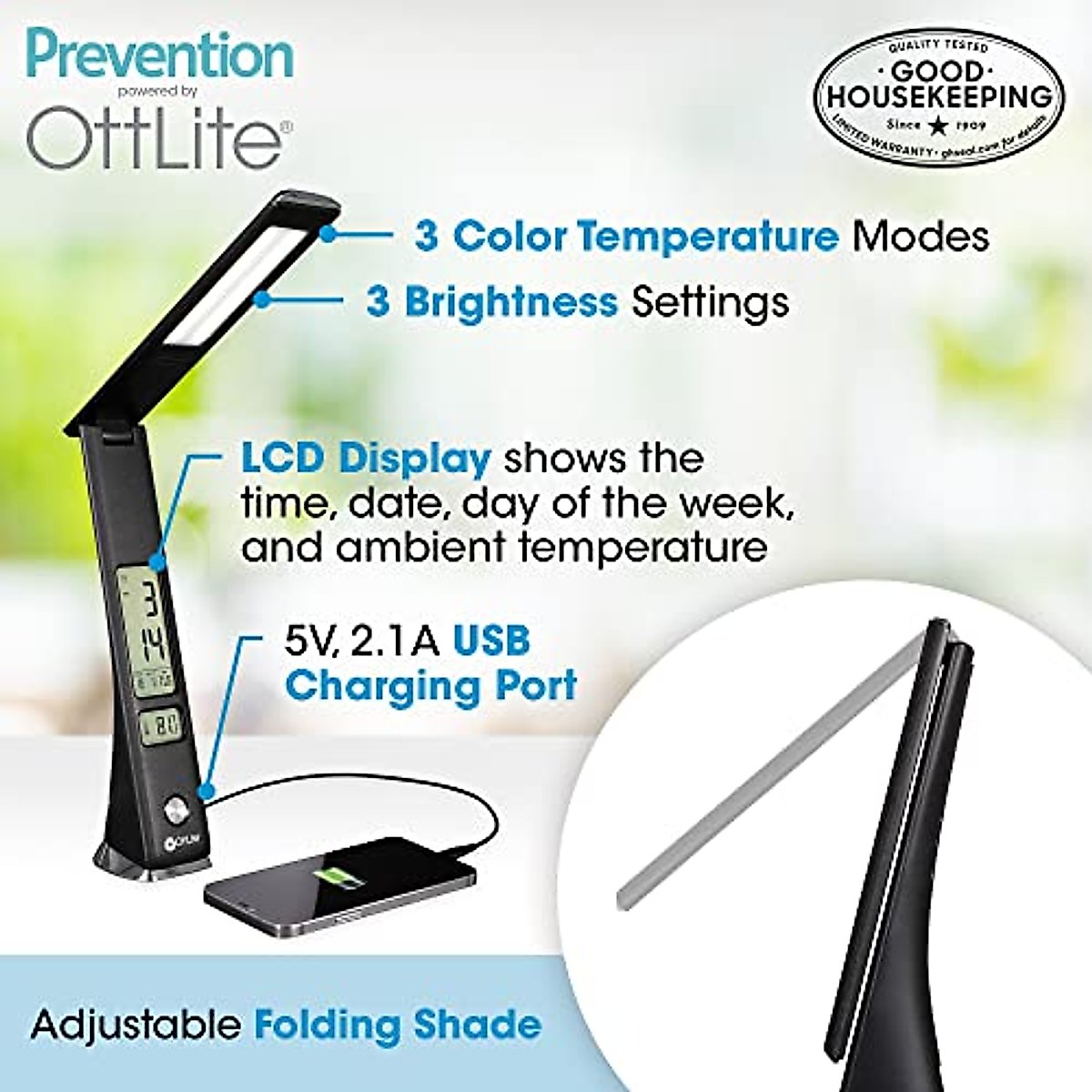 LED Task Adjustable Lamp with Digital Display, Prevention by OttLite - Designed to Reduce Eyestrain - Adjustable Neck, 3 Color Modes & USB Charging - Crafting, Office Work, Reading & Studying