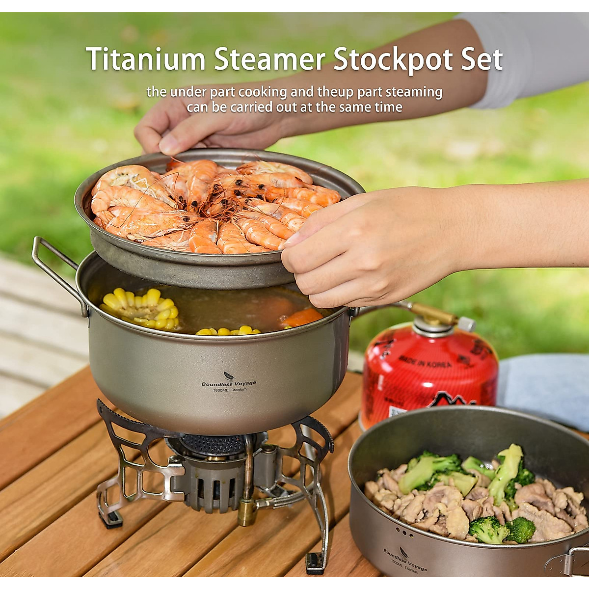 iBasingo 1.8L Titanium Steamer Stockpot Frying Pan Set Ultralight Outdoor Camping Pot Pan Set Portable Campfire Soup Hot Pot Cookware Backpacking Household Kitchen Cooking Kit Ti2101C