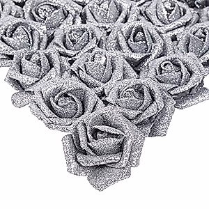 IPOPU Artificial Flowers, 25pcs Foam Glitter Roses Glitter Foam Rose Foam Rose with Stem for DIY Wedding Bridal Bouquet Home Party Christmas Decoration(Silver)