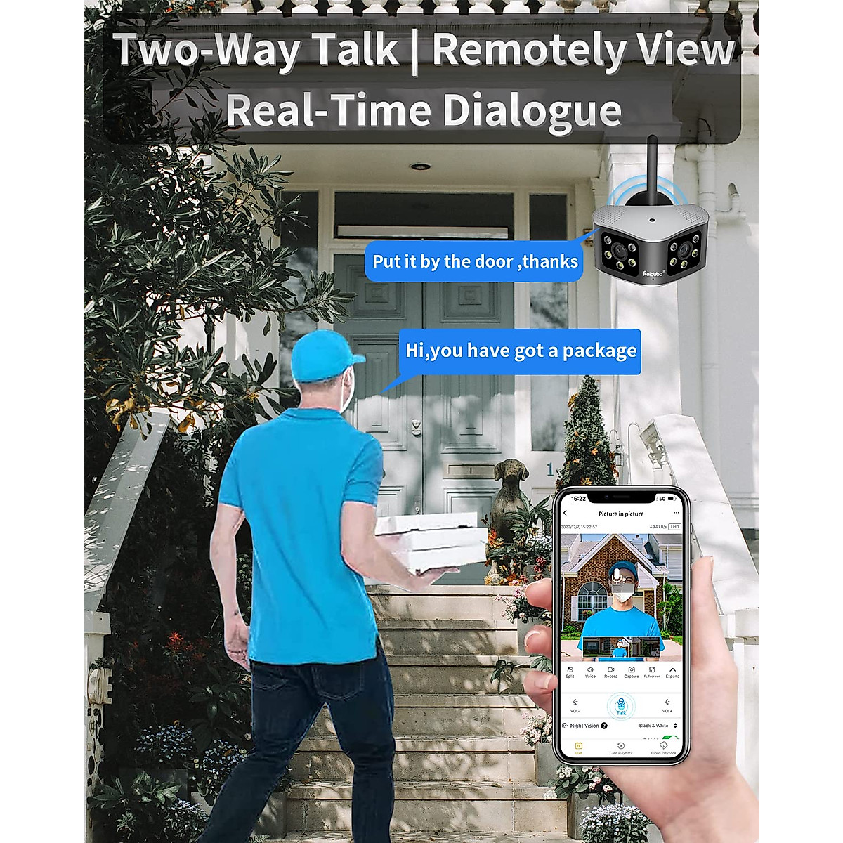 Reidubo 4K WiFi Security Cameras Outdoor with 165° Ultra-Wide Angle, Ultra-HD Dual Lens Cameras for Home Security, Two-Way Talk, Color Night Vision, IP66 Waterproof, Sound & Light Alarm