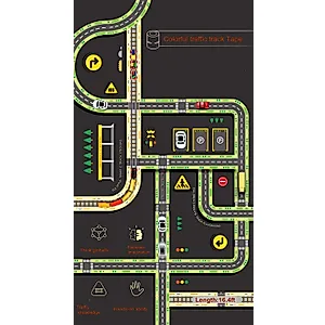 Clorful Imaginative Road Tape for Kids Toy Cars, 2 Rolls of 16.4ft x2.4 inch Adhesive Railway & Highway Tracks with Traffic Signs and Curved Roads.
