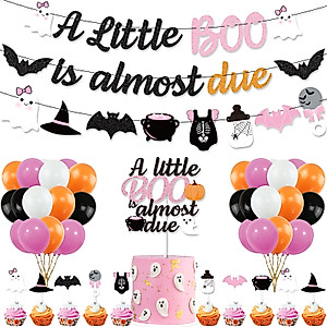 K KUMEED Pink Orange Halloween Baby Shower Decorations, A Little Boo is Almost Due Banner,Cute Ghost Baby's Bottle Cake Topper and Latex Balloons for Girls Little Boo Baby Shower Party Supplies