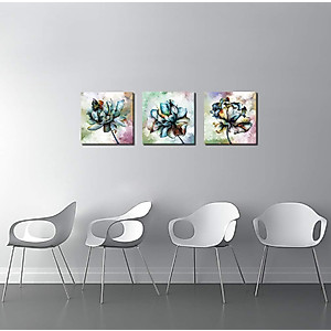 KLVOS Flower Canvas Wall Art for Bedroom Watercolor Rose Dahlia Lotus Floral Paintings Pictures for Living Room Bathroom Wall Decor Framed Prints Artwork Stretched Easy to Hang 12x12inchx3pcs