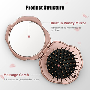 Travel Folding Hair Brush, Roses Mini Pocket Mirror Brush Easy to Carry for Small Spaces Nylon Brush/Comb/HairBrush for Women Men's Any Hairstyles Hair and Beards Wet Dry Hair Restore Shine