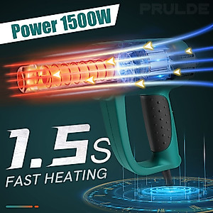 PRULDE Heat Gun, LCD Digital Display Heat Shrink Gun, 5 Air Flows/120°F-1200°F Variable Temps/6 Nozzles For Crafting, Vinyl Wrap, Shrink Wrap N2030