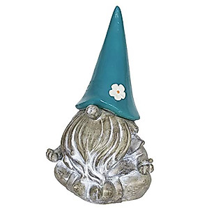Exhart Garden Sculpture, Meditating Yoga Solar Garden Gnome Statue, LED Flower Hat, Outdoor Garden Decoration, 7 x 11.5 Inch, Teal