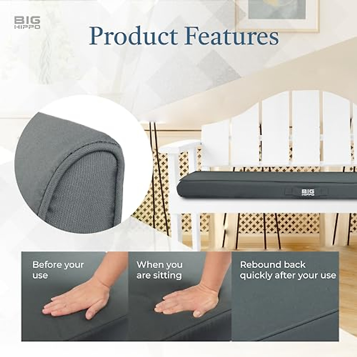 Big Hippo Foam Outdoor Bench Cushion 59 x 18 x 3 Inch, Thickened Soft Patio Furniture Cushions Porch Garden Cushions with Handle and Adjustable Straps-Grey