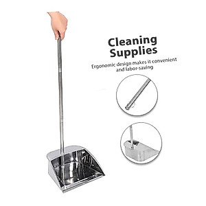 Zerodeko Stainless Steel Trash Shovel Lobby Dustpan Outdoor Dustpan Long Handle Dust Pan Handled Cleaning Dust Pan Indoor Broom and Dust Pans Litter Shovel Industrial Dust Pan Silver