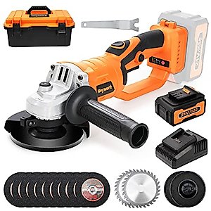 Heywork 21V Cordless Grinder Kit,4" Blade,10000 RPM Brushless Motor Cordless Angle Grinder,4Ah Lithium Ion Battery Grinder & Quick- Charger,2-Position Handle,Cutting and Grinding Wheels