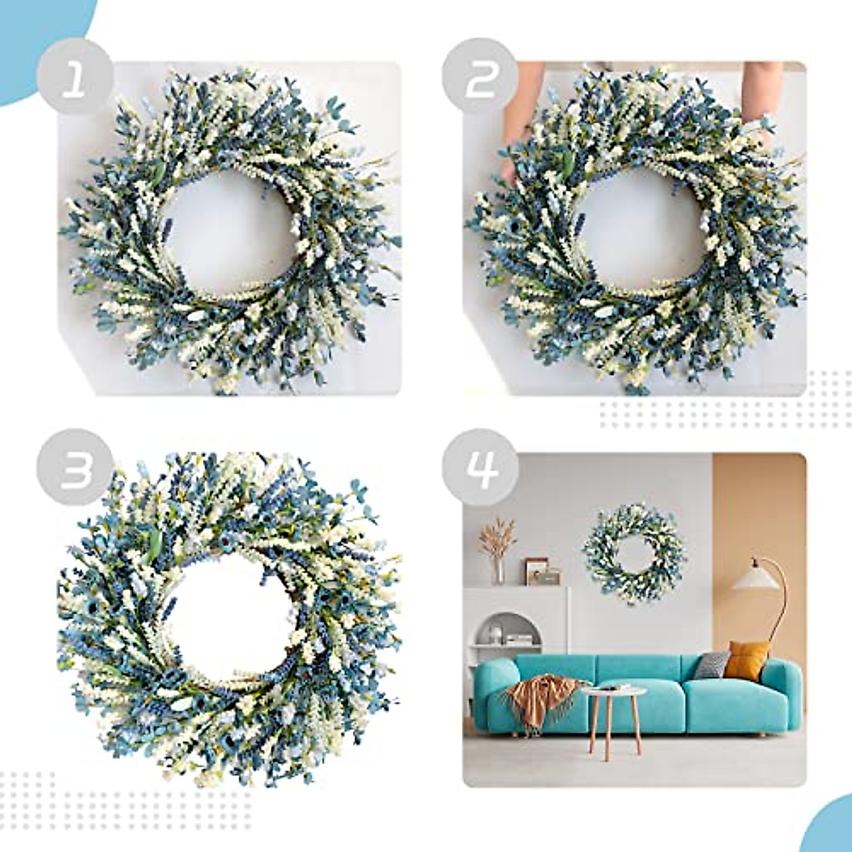 Egolot 24 Inch Summer Spring Blue Ivory Lavender Flower Wreath for Front Door, Rustic and Farmhouse Wild Flowers Wreath for Inside and Outside, Coastal Blue Flower Wreath for Home Decorating