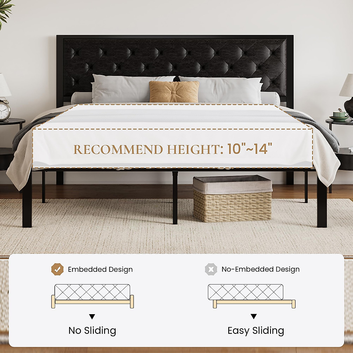 SHA CERLIN King Size Bed Frame, Metal Platform Bed with Faux Leather Upholstered Button Tufted Headboard, Mattress Foundation with 12.4” Storage, No Box Spring Needed, Easy Assembly, Black