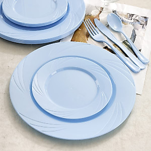 YOUBET 125Pieces Blue Plastic Plates - Blue plates with Blue Silverware Disposable - Include 25 Dinner Plates 25 Dessert Plates 25 Forks 25 Knives 25 Spoons for Birthday Parties &Wedding