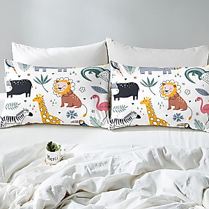 Kids Zoo Animal Duvet Cover Cute Wild Animals Bedding Set Cartoon Safari Wild Print Comforter Cover for Boys Girls Children Teens Bedroom Decor Exotic Natural Theme Bedspread Cover Full Size