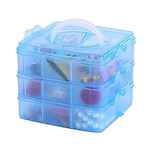 DJUNXYAN 3-Tier 18 Sections Transparent Stackable Adjustable Compartment Slot Plastic Craft Storage Box Organizer For Toy Desktop Jewelry Accessory Drawer Or Kitchen 4 Colors 3 Sizes (Medium Blue)