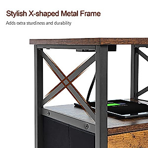 AMHANCIBLE End Table Living Room with Charging Station, Side Table with Fabric Drawer, Small Side Table with USB Ports and Outlets for Small Spaces Rustic Brown and Black HET05XBR1