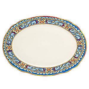 Euro Ceramica Duomo Collection Italian-Inspired 18" Oval Ceramic Serving Platter, Floral Design, Multicolor
