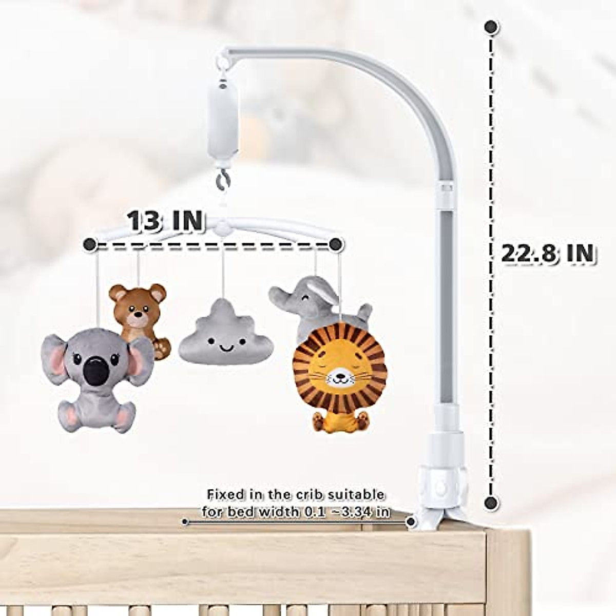 FEISIKE Baby Mobile for Crib with 3 Modes Musical Box,Volume Control,12 Lullabies,Animal Nursery Crib Toys for Newborn Ages 0 and Older,23 Inches Baby Mobile Arm Clip on