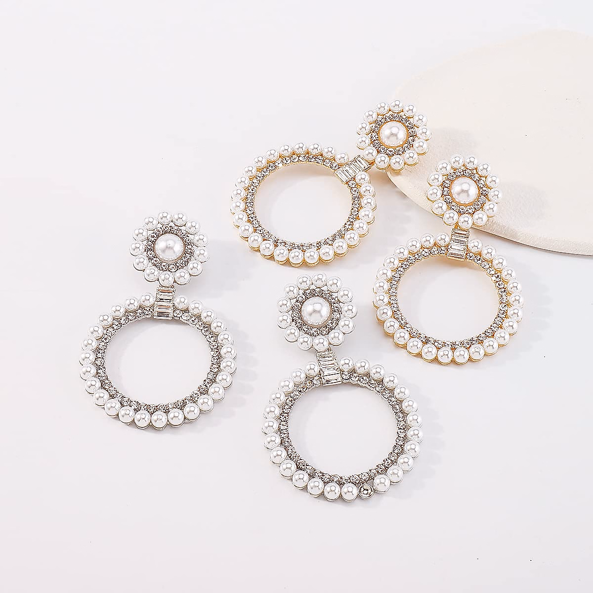 Jumwrit Pearl Hoop Earrings Big Circle Dangle Drop Earrings Rhinestone Round Stud Earrings Statement Pearl Earrings for Women Girls（Silver）