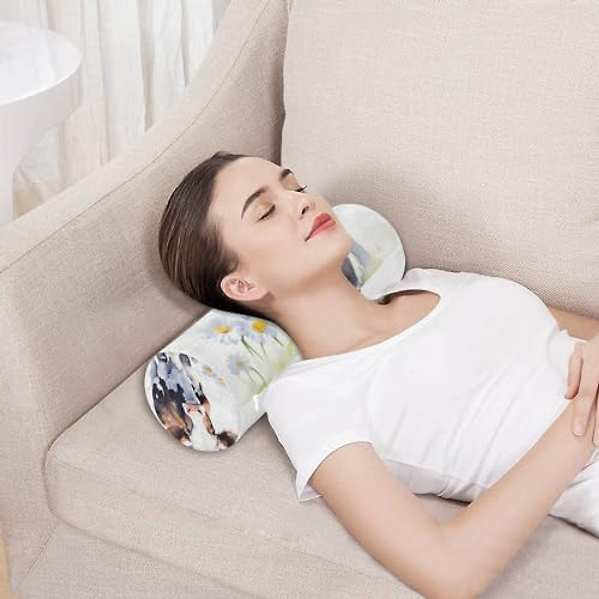 xigua Cow Flower Neck Roll Pillow for Neck Relief with Removable Washable Cover - Memory Foam Round Cylinder Bolster, Ergonomically Designed for Head, Neck, Back, and Legs