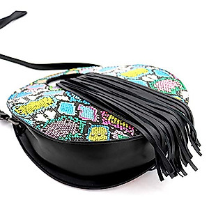 Snake Print Fringed Cut-out Handle 2-Way Medium Satchel Bag Purse Clutch Crossbody (Dark Silver Hardware - Black)